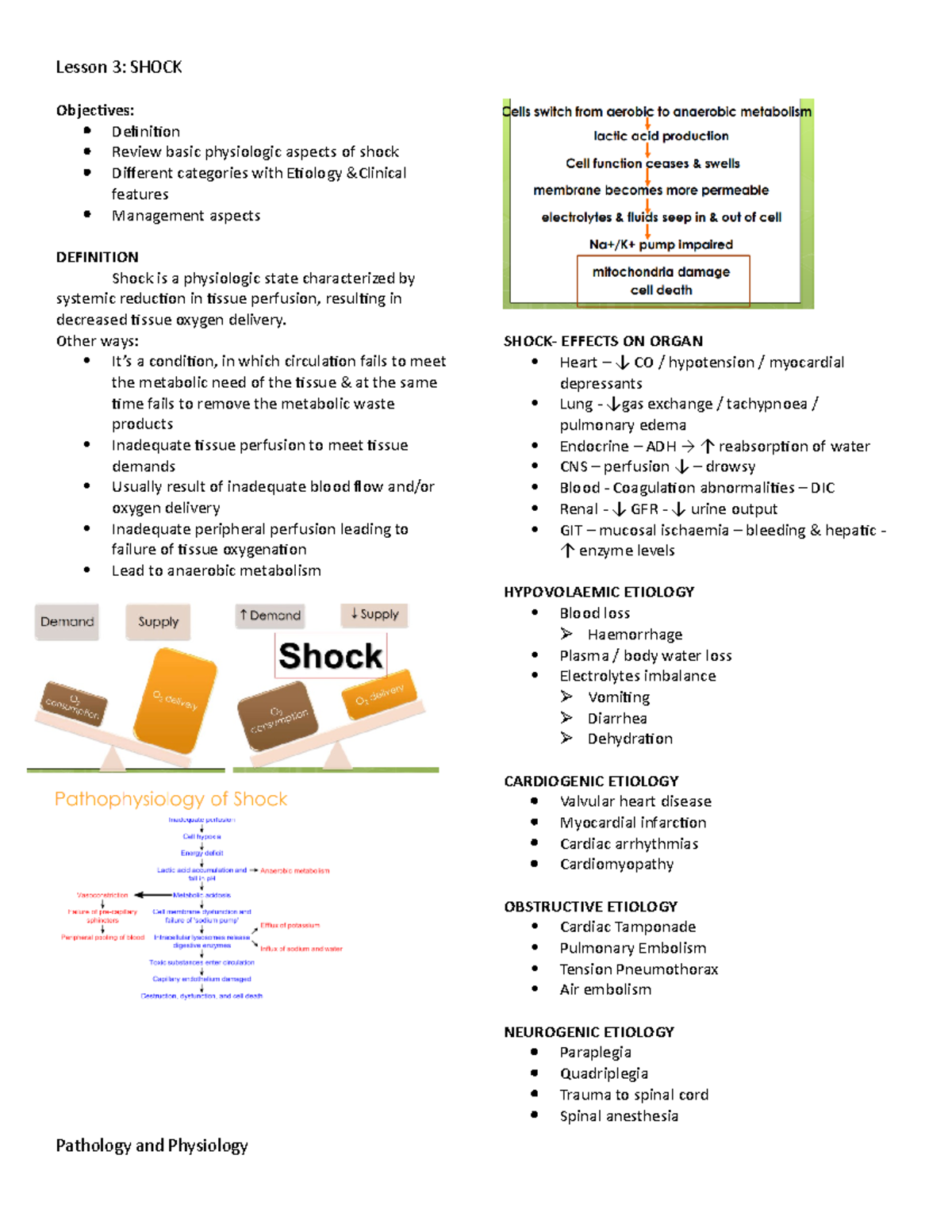 PHYSIOLOGY OF SHOCK: ETIOLOGY, CLINICAL FEATURES & MANAGEMENT - Studocu