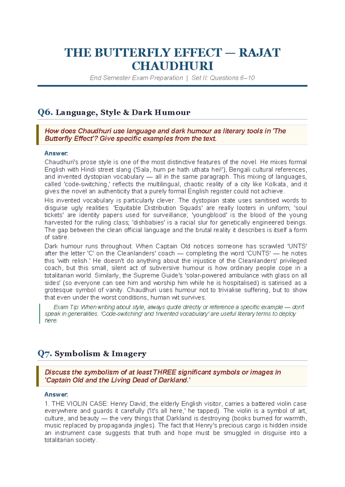 Butterfly Effect (Course Code: BE101) End Semester Exam Prep: Set II ...