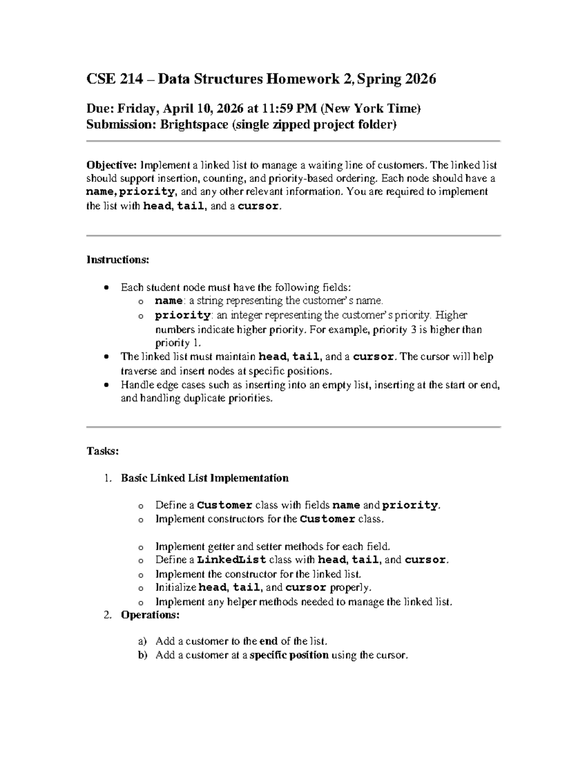 CSE 214 Data Structures: Linked List Implementation Homework 2 - Studocu