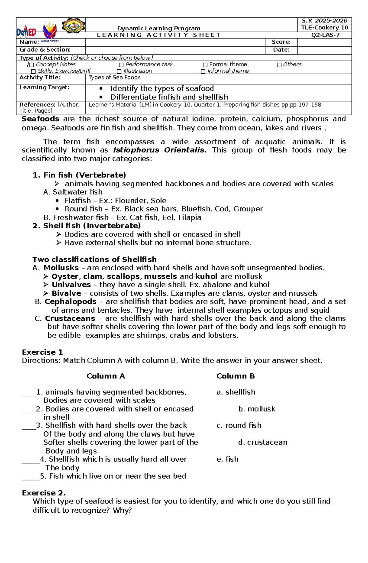 TLE Cookery 10 LAS 7 Q2: Types of Sea Foods Activity Sheet - Studocu