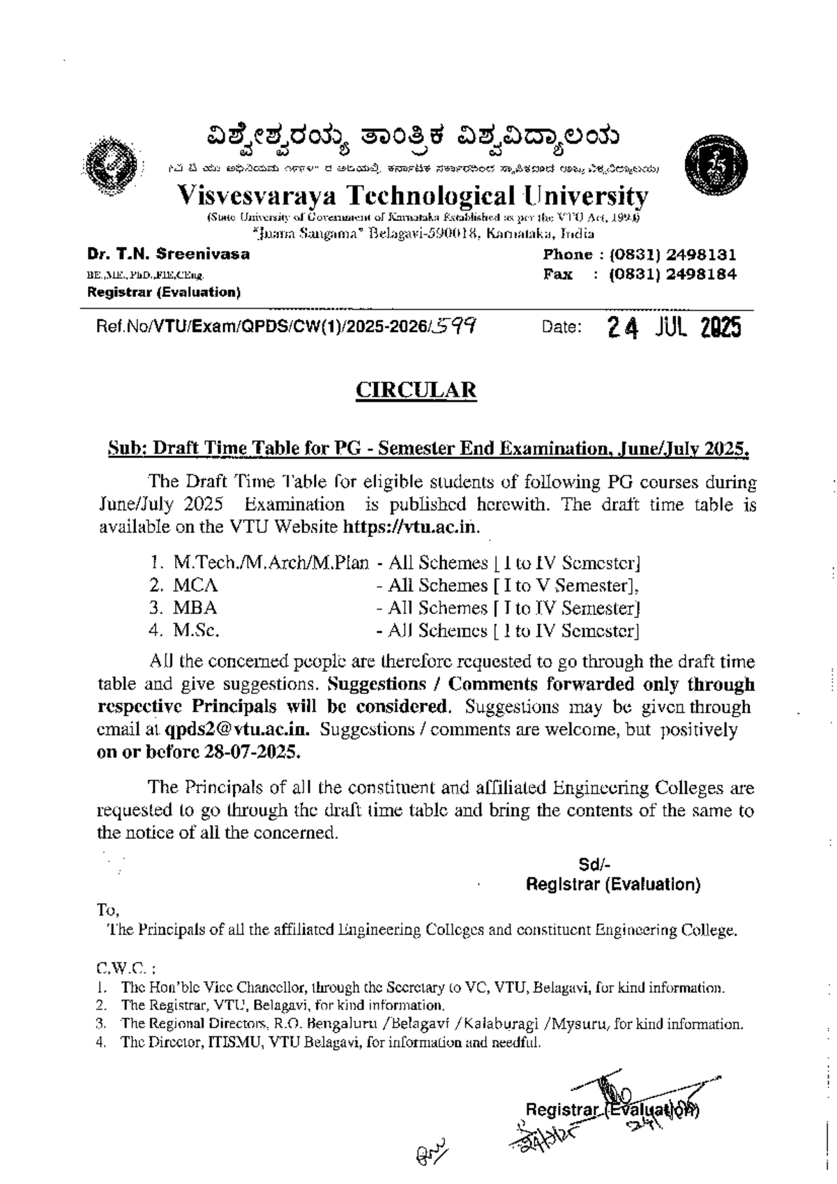 Draft Time Table for PG Semester End Exams 2025 - VTU - Studocu