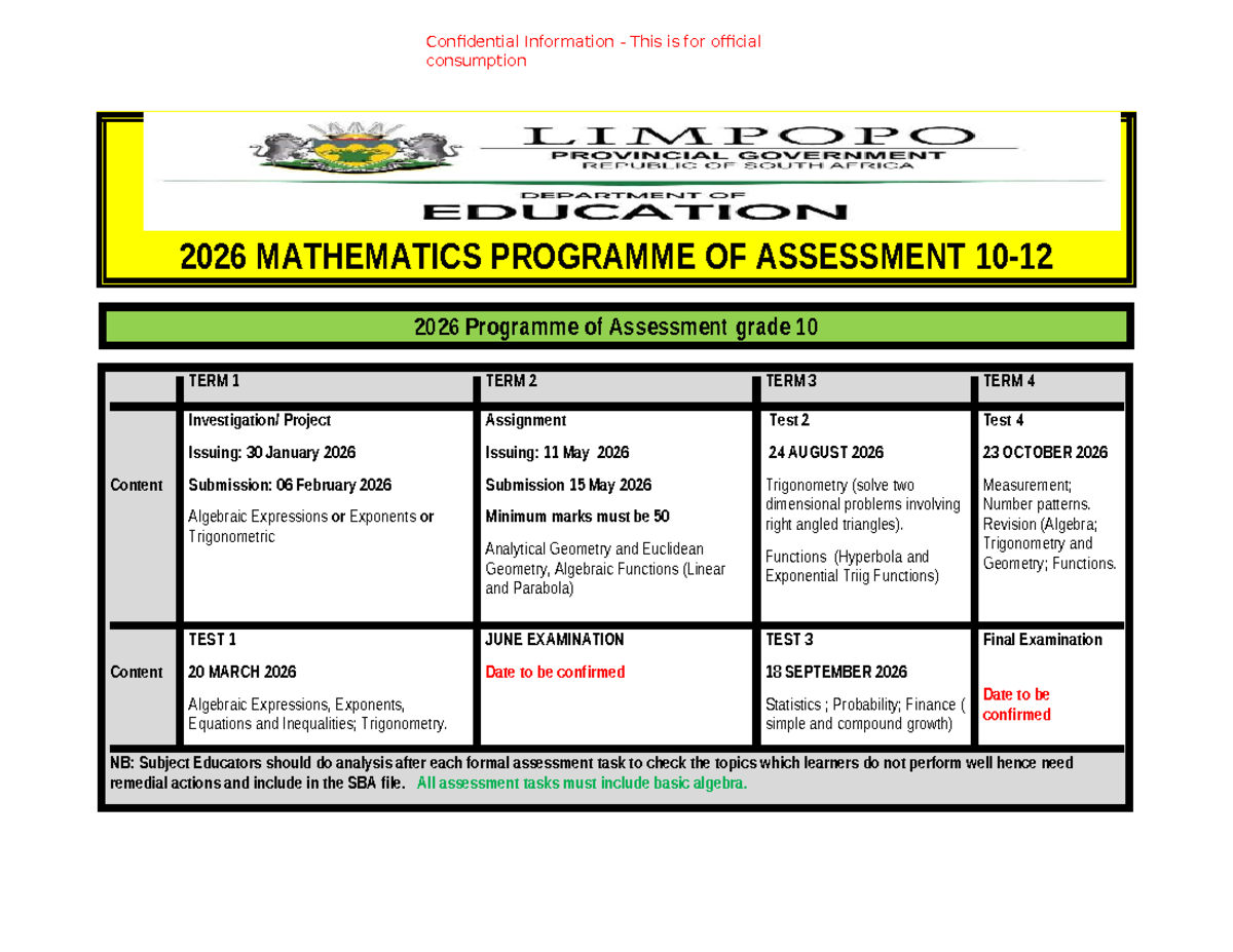 2026 MATHEMATICS PROGRAMME OF ASSESSMENT: GRADES 10-12 - Studocu