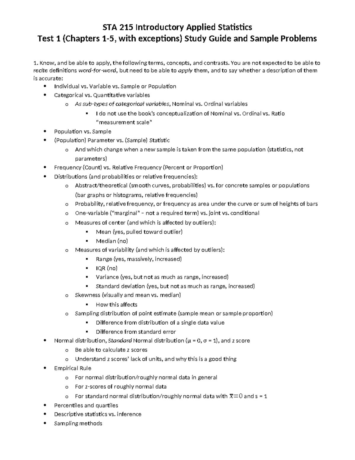 STA 215 Test 1 Study Guide: Key Concepts from Chapters 1-5 - Studocu
