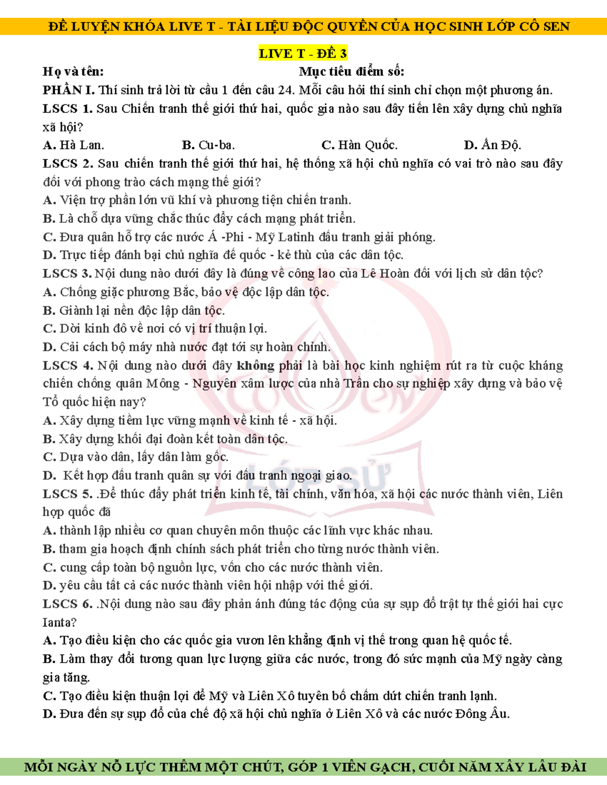 ĐỀ LUYỆN KHÓA LIVE T - TÀI LIỆU ĐỘC QUYỀN CỦA HỌC SINH LỚP CÔ SEN - ĐỀ ...