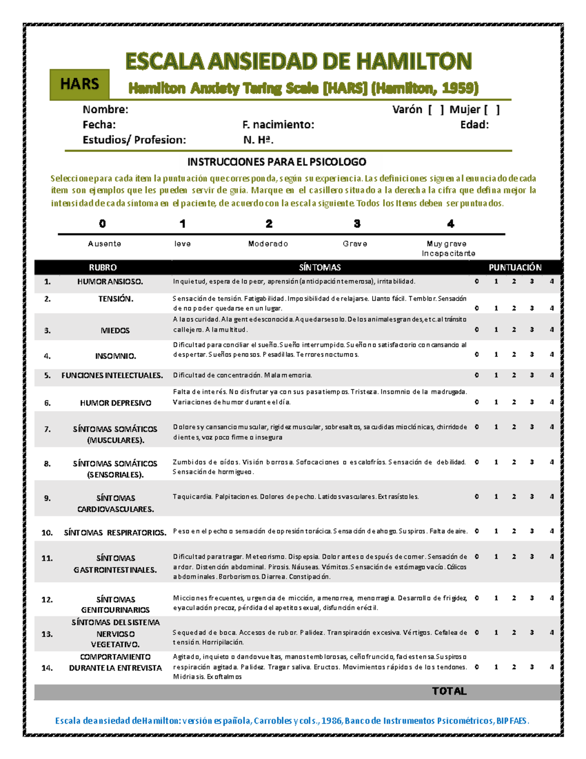 Escala de Hamilton para la Ansiedad - Instrucciones y Puntuación - Studocu
