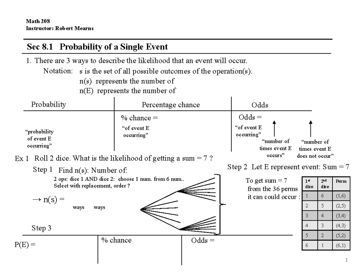 Math 208 Final Exam Notes: Sec 8.1 Probability of a Single Event - Studocu