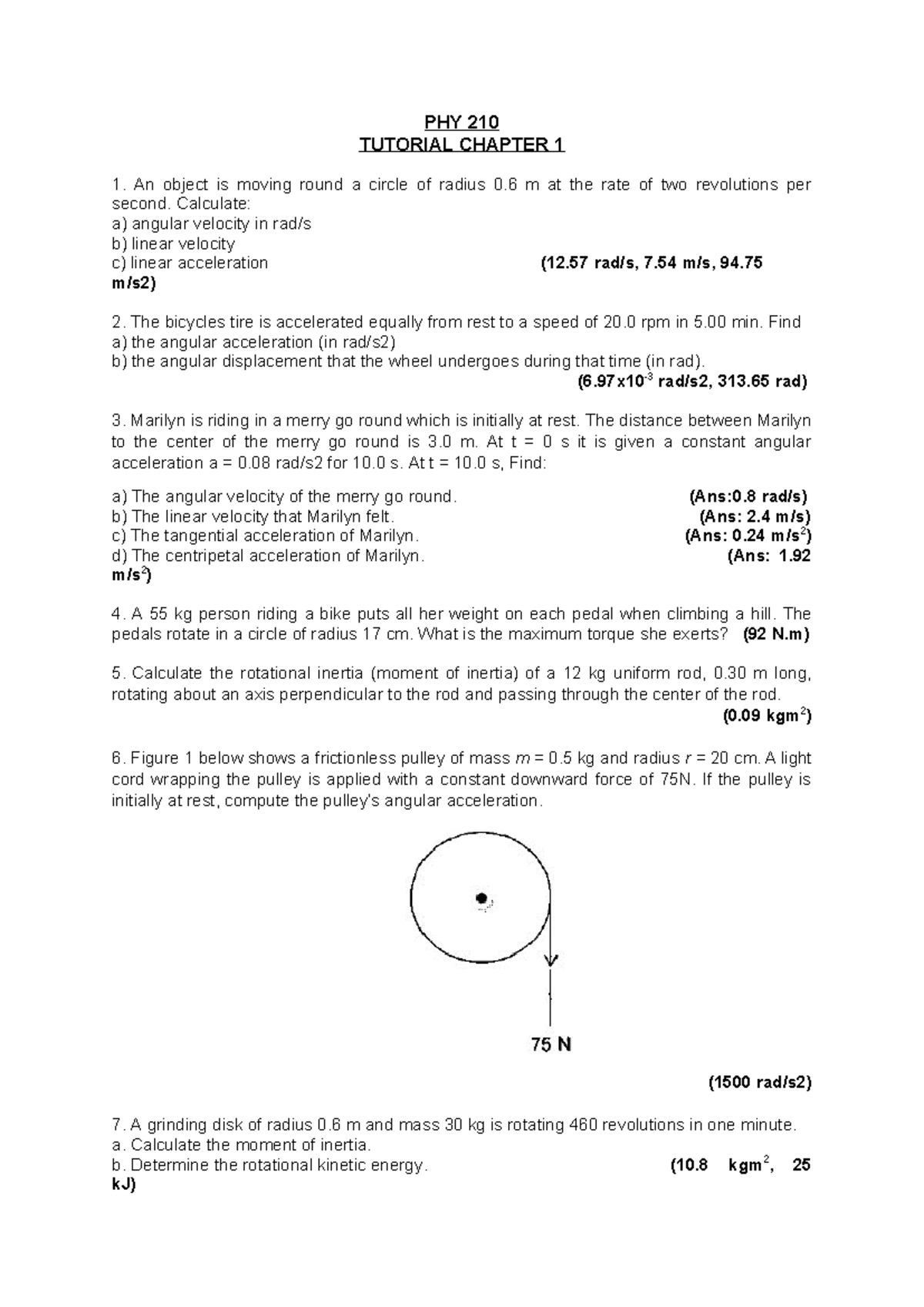 PHY 210 Tutorial 1: Circular Motion and Rotational Dynamics Problems - Studocu