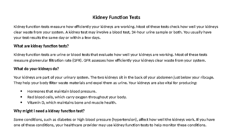 Kidney Function Tests Overview and Importance - Studocu