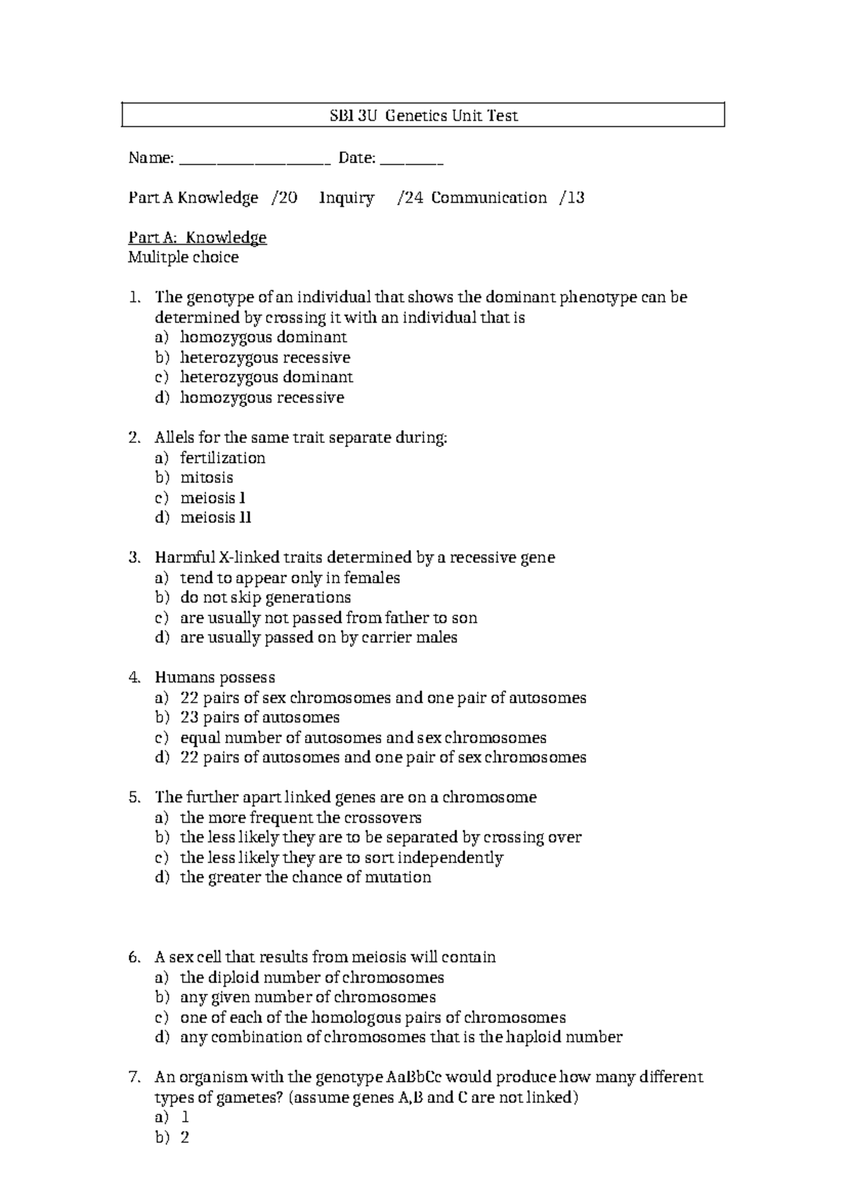 SBI3U Genetics Unit Test Questions and Answers Guide - Studocu