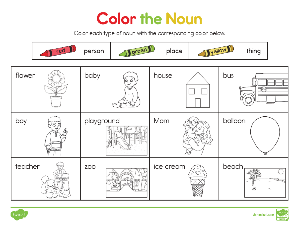 Color the Noun Activity - Inglés - flower baby house bus boy playground ...