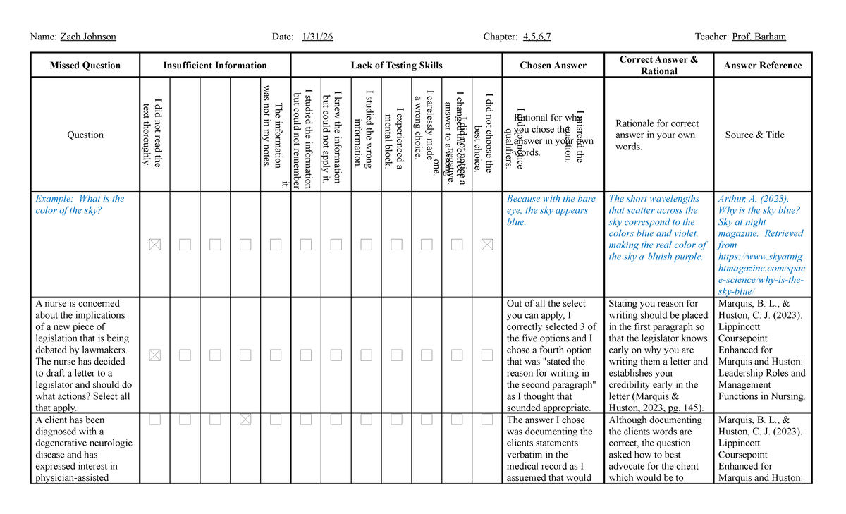 Chapter Quiz Review Week 2: Insights from Missed Questions (NURS 101 ...