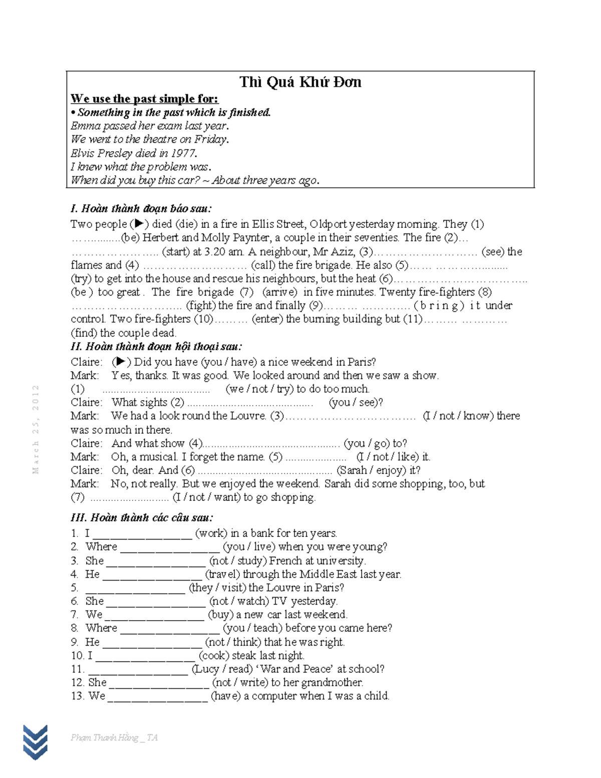 Bài Tập Thì Quá Khứ Đơn - Tieng Anh (TA) - Studocu