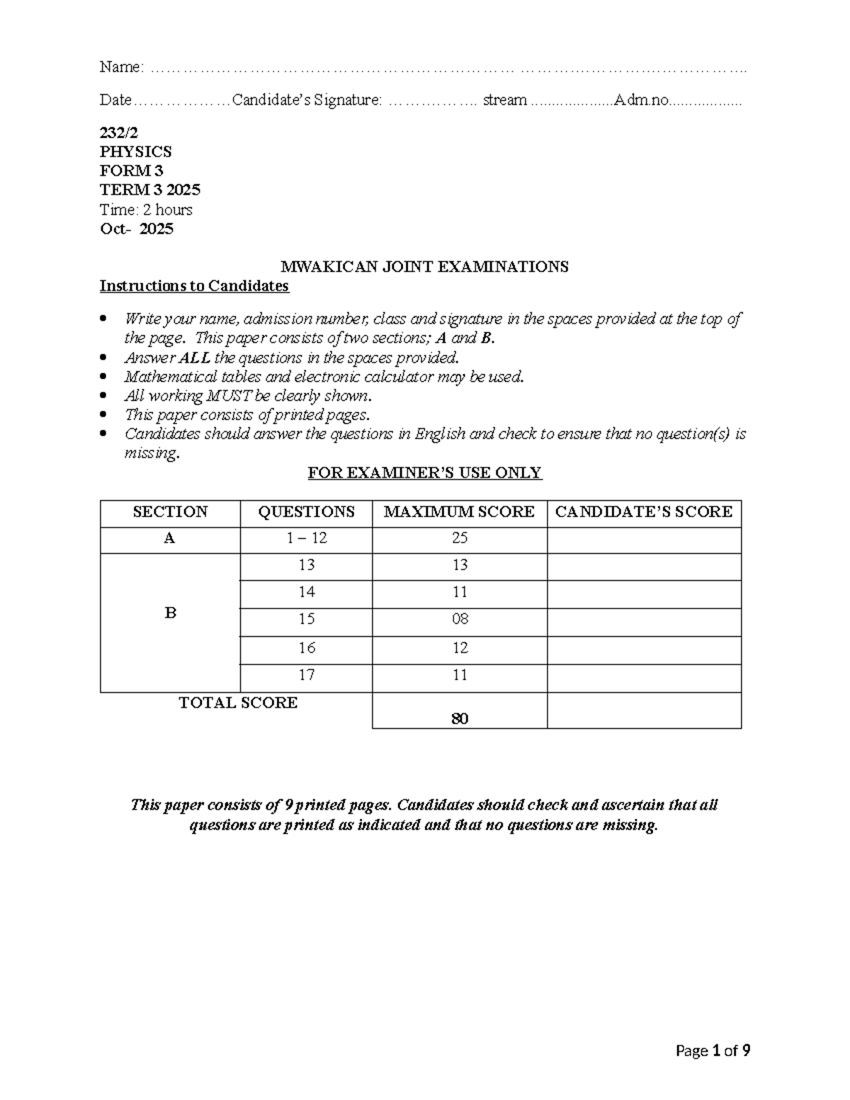 Physics Form 3 Term 3 Mock Exam Paper 2025 - Studocu