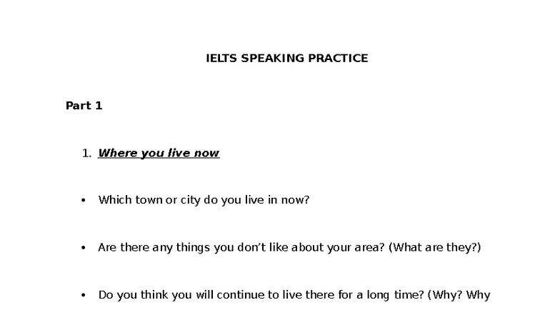 IELTS Speaking Practice: Part 1 & 2 Questions and Topics - Studocu