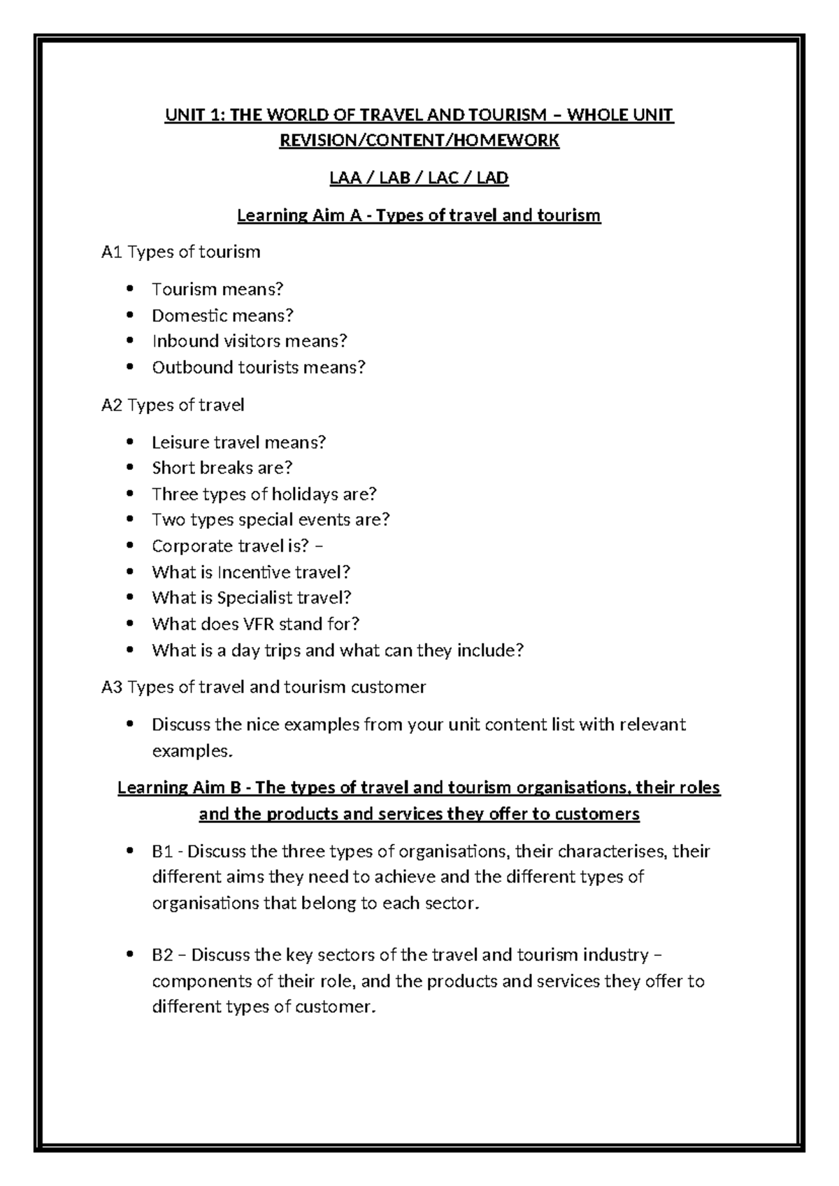 Unit 1 Revision Questions: The World of Travel and Tourism - Studocu