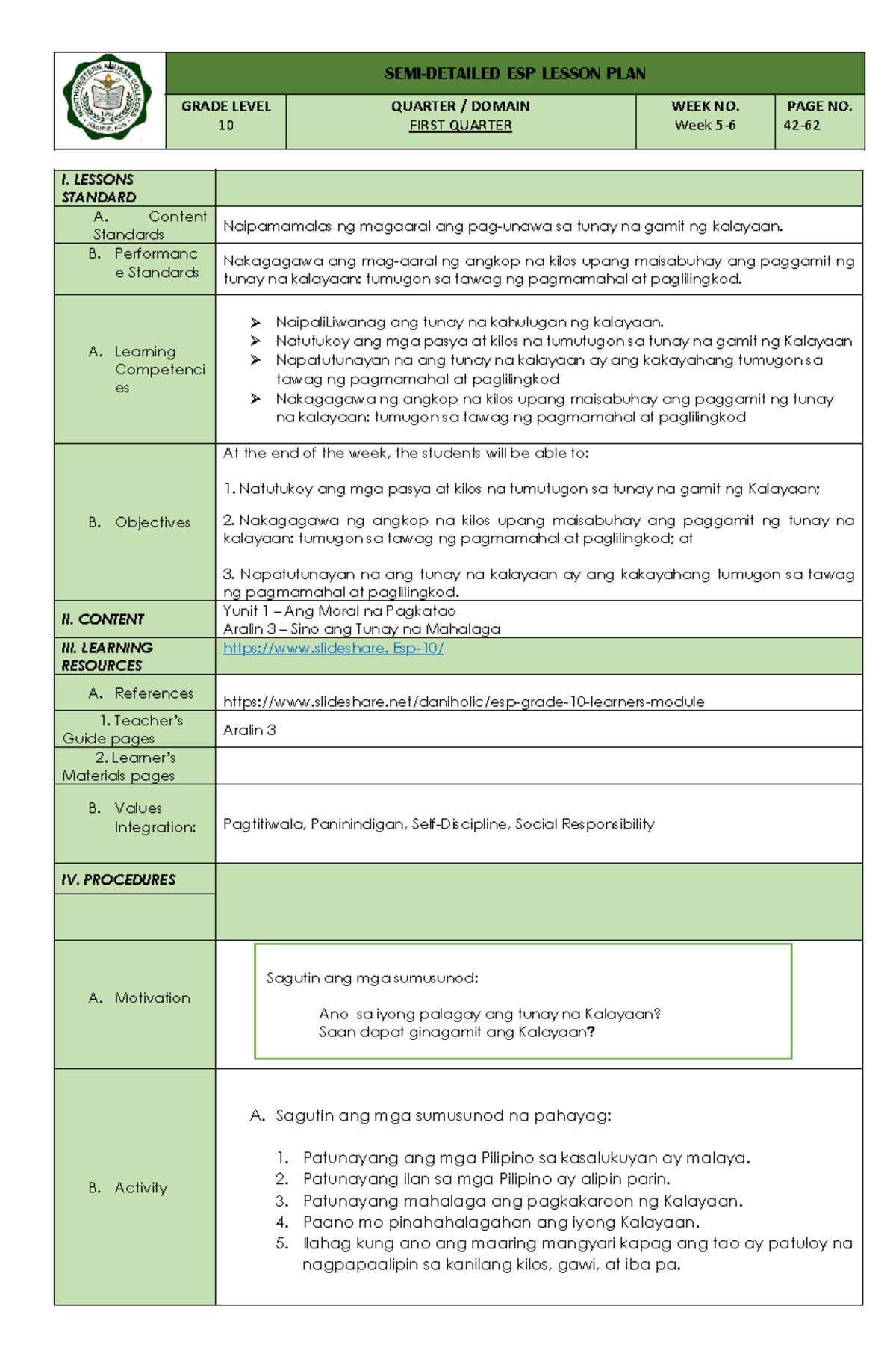 ESP 10 Semi-Detailed Lesson Plan: Week 5-6 Overview - Studocu