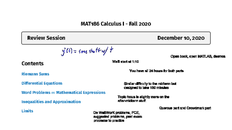 MAT186 Calculus I Fall 2020 Review: Riemann Sums & Word Problems - Studocu