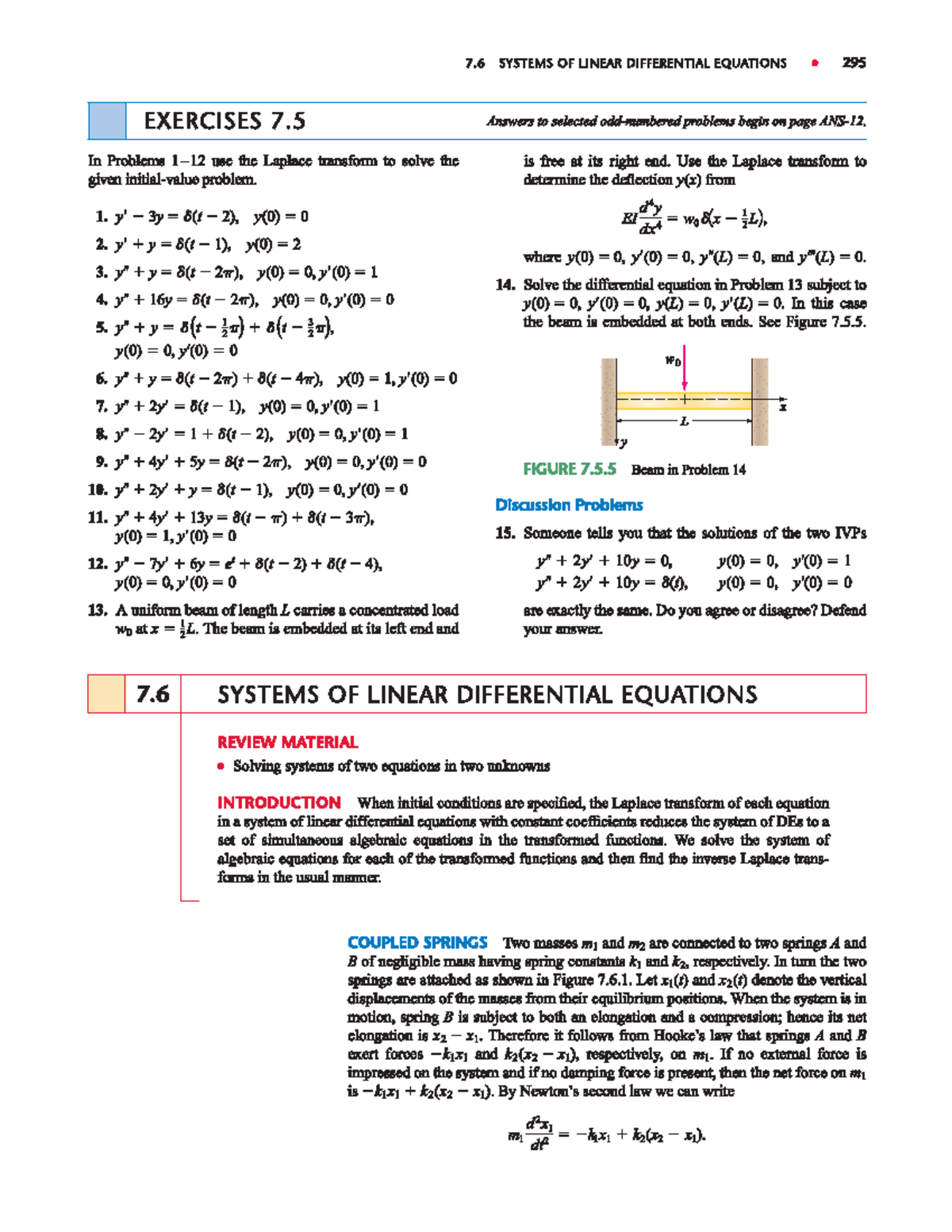 7.6 Systems of Linear Differential Equations: Coupled Spring Notes ...