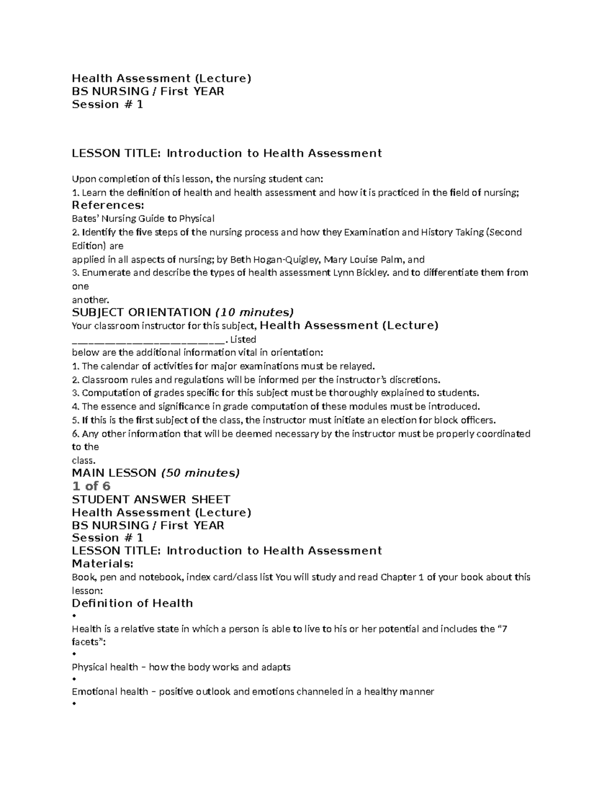 HEA LEC Notes: Intro to Health Assessment - BS NURSING 1st Year - Studocu