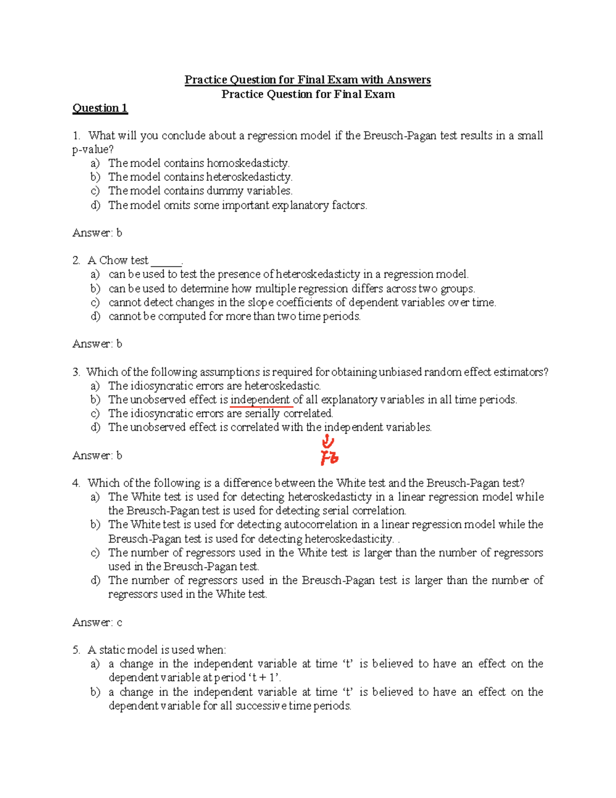 Final Exam Questions & Answers for Course CODE 123: Regression Analysis ...