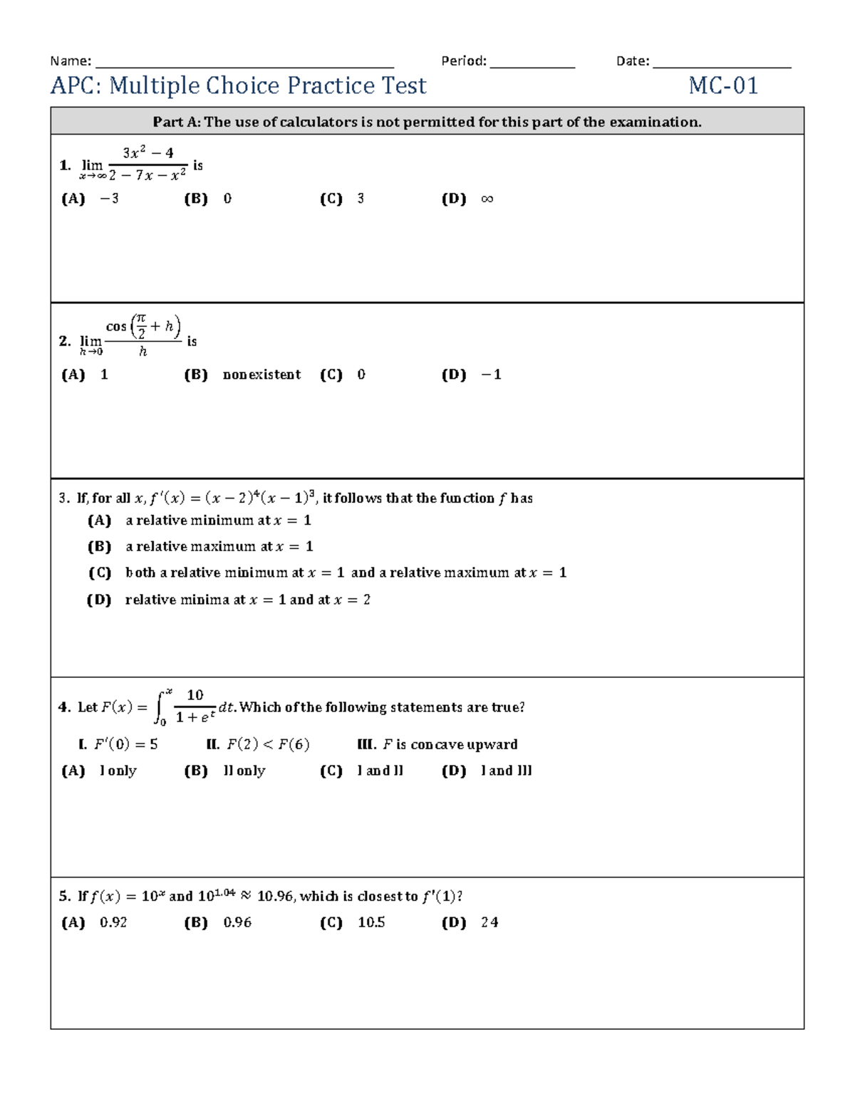 MC-01 - Calculus Multiple Choice Practice Test 1 - Studocu