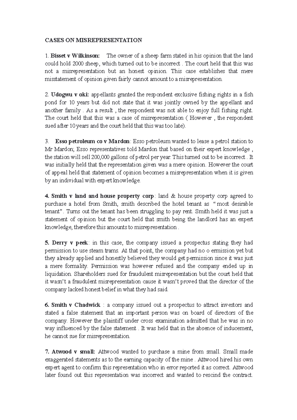 Cases on Misrepresentation: Key Legal Precedents and Insights - Studocu