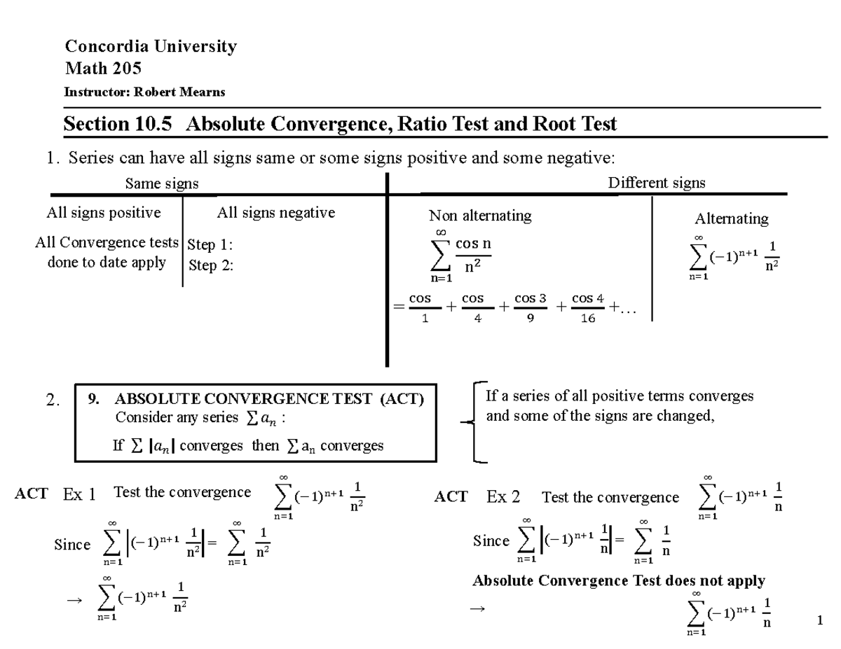 Math 205 Final Exam Notes: Sec 10.5 Absolute Convergence, Ratio & Root ...