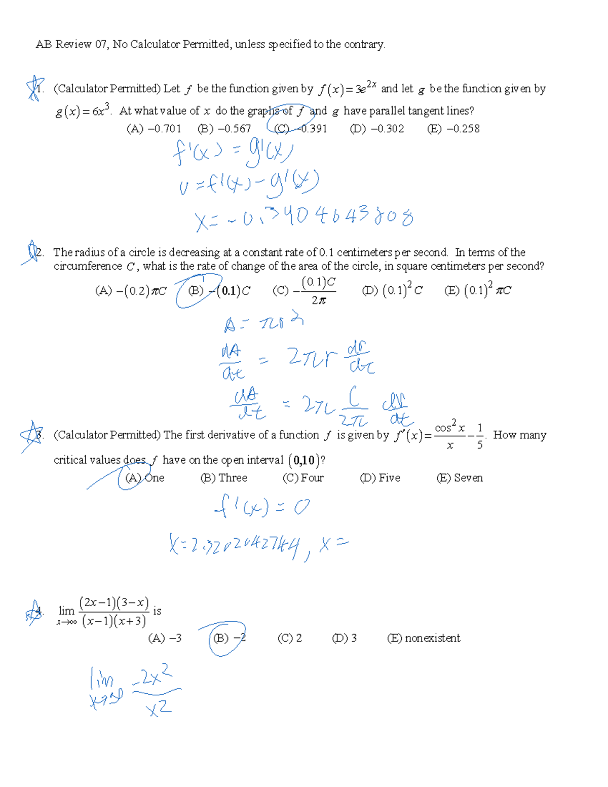 AB Review 07: No Calculator Permitted - Functions & Derivatives Exam ...
