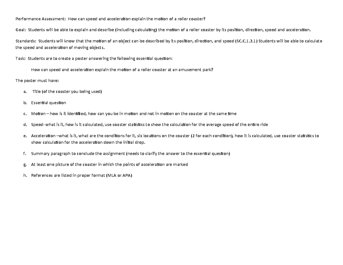 Performance Assessment: Speed & Acceleration in Roller Coaster Motion ...
