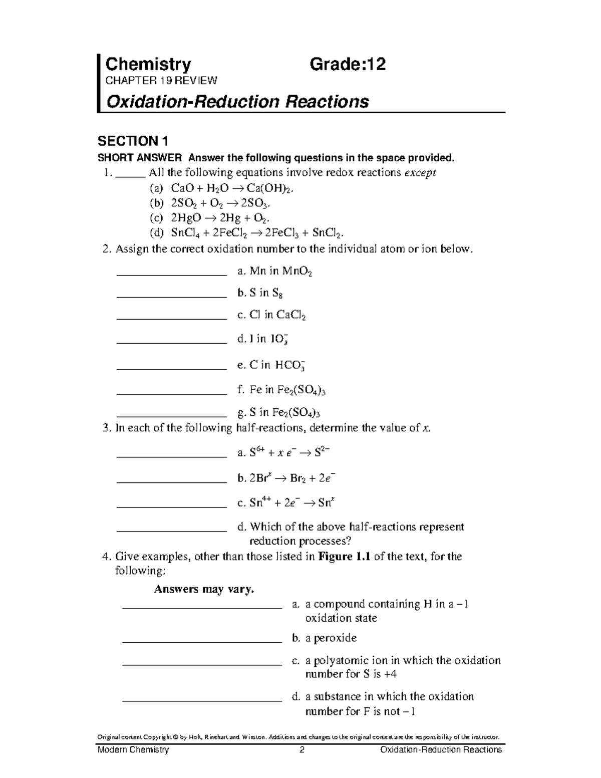 Grade 12 Chemistry - Chapter 19: Redox Reactions Review Notes - Studocu