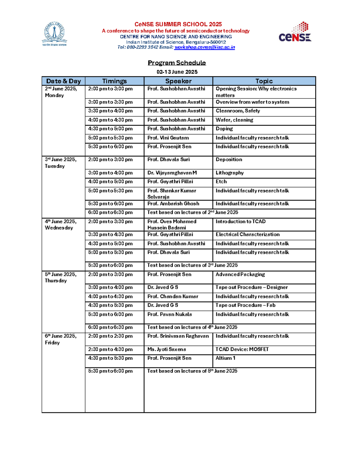 CeNSE Summer School 2025: Program Schedule and Lectures - Studocu