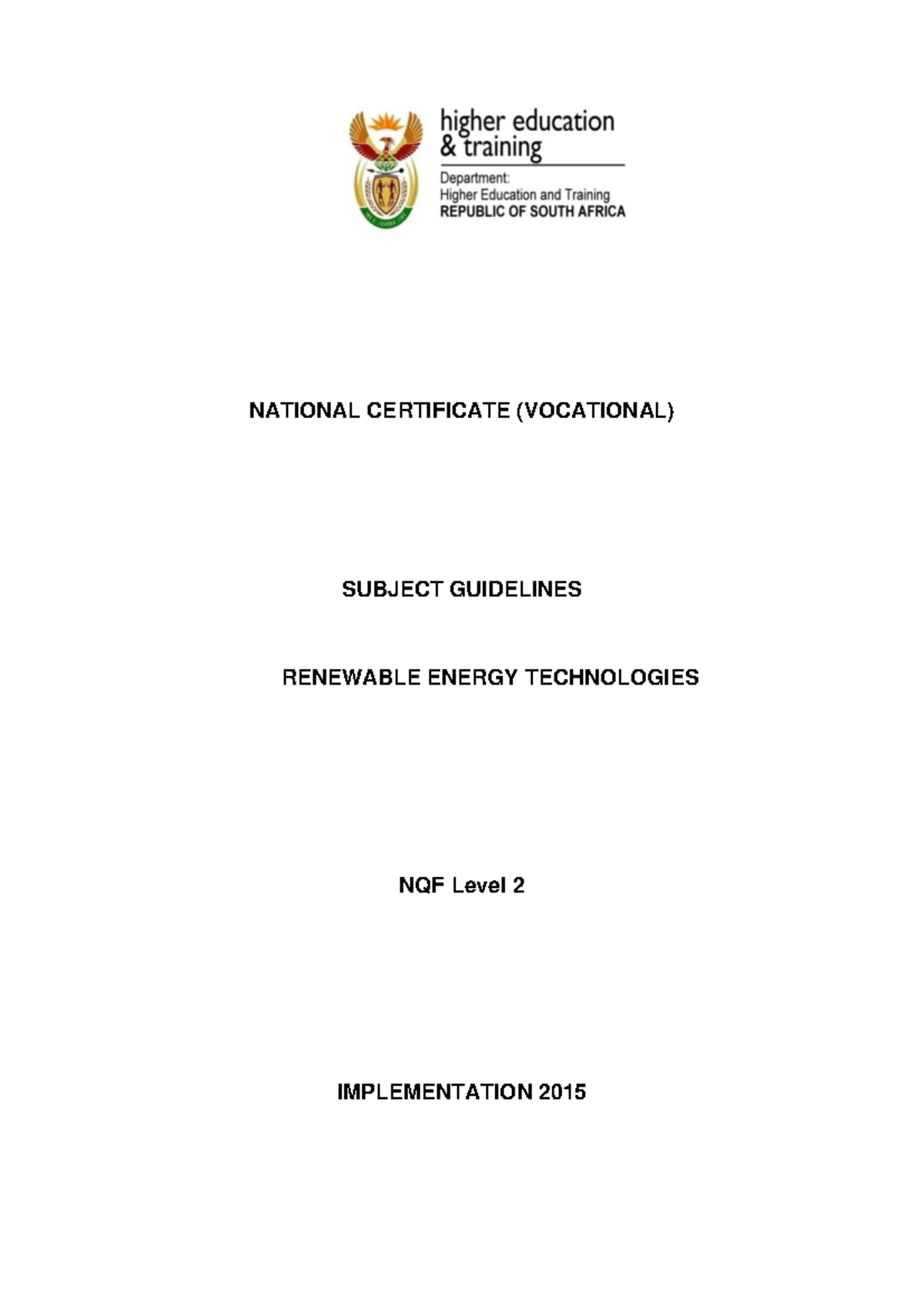Renewable Energy Technologies NQF Level 2 Guidelines and Implementation ...