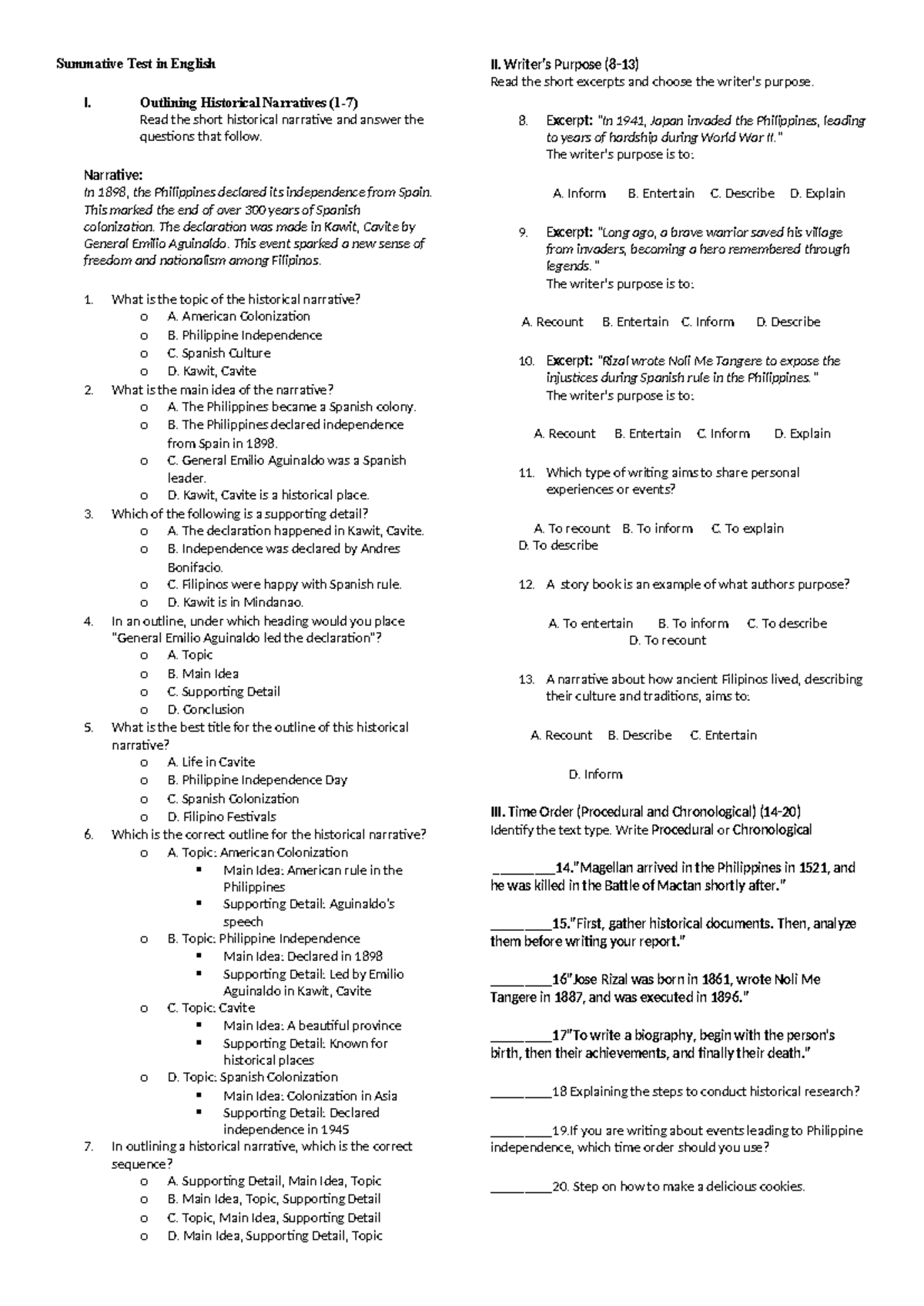 Summative test in eng4-1 - Summative Test in English I. Outlining ...