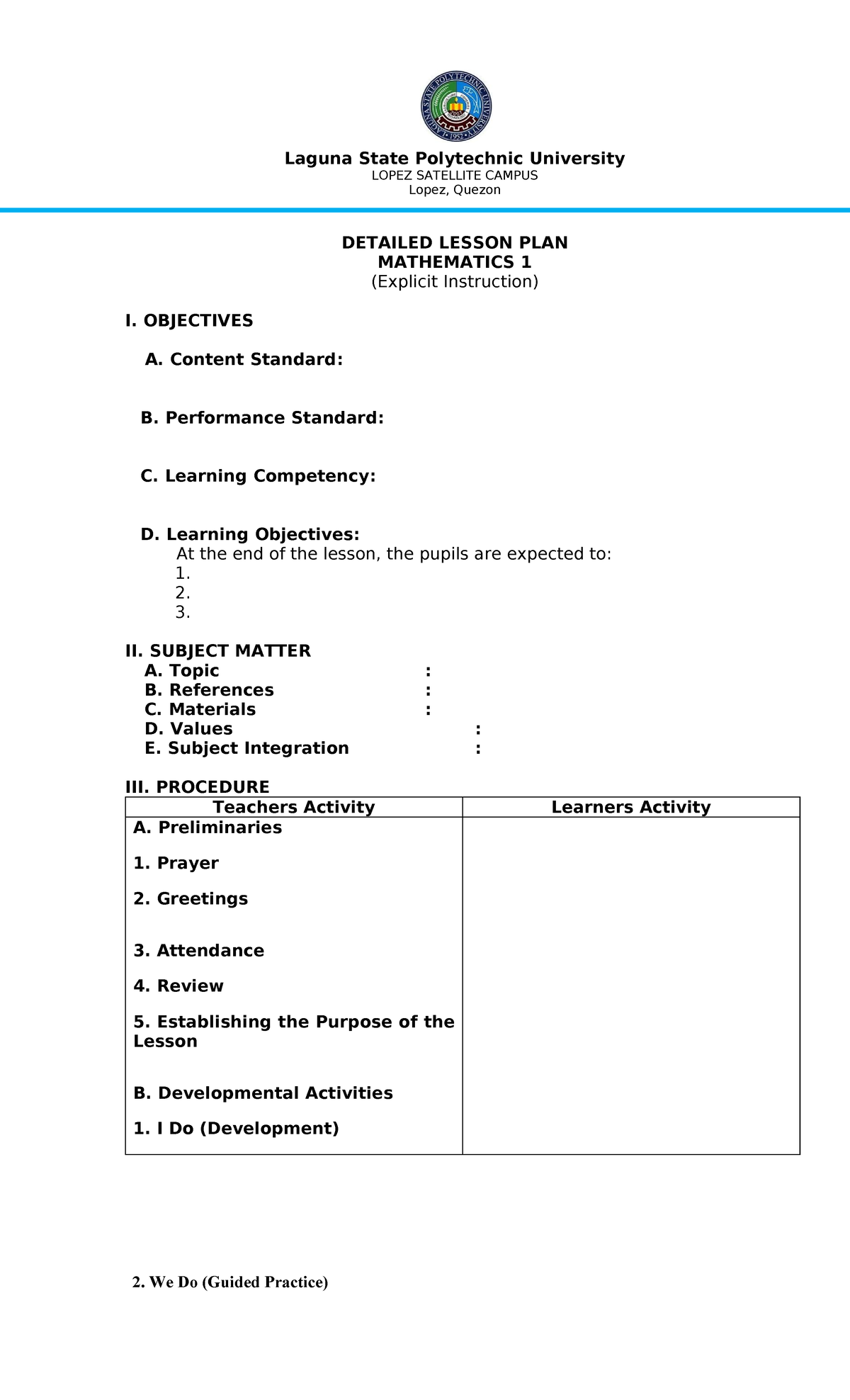 MATH 1 Detailed Lesson Plan (DLP) for Explicit Instruction - Studocu