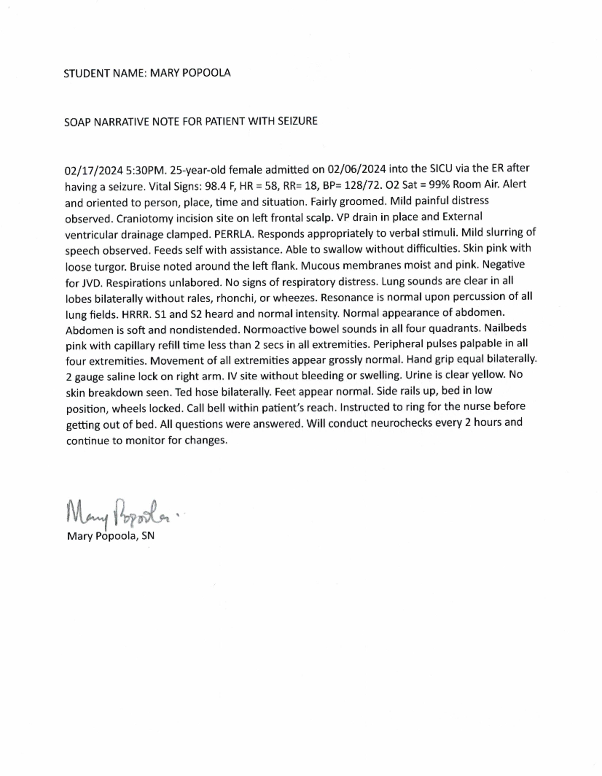 SOAP Note: Seizure Patient Clinical Report - Mary Popoola, SN - Studocu