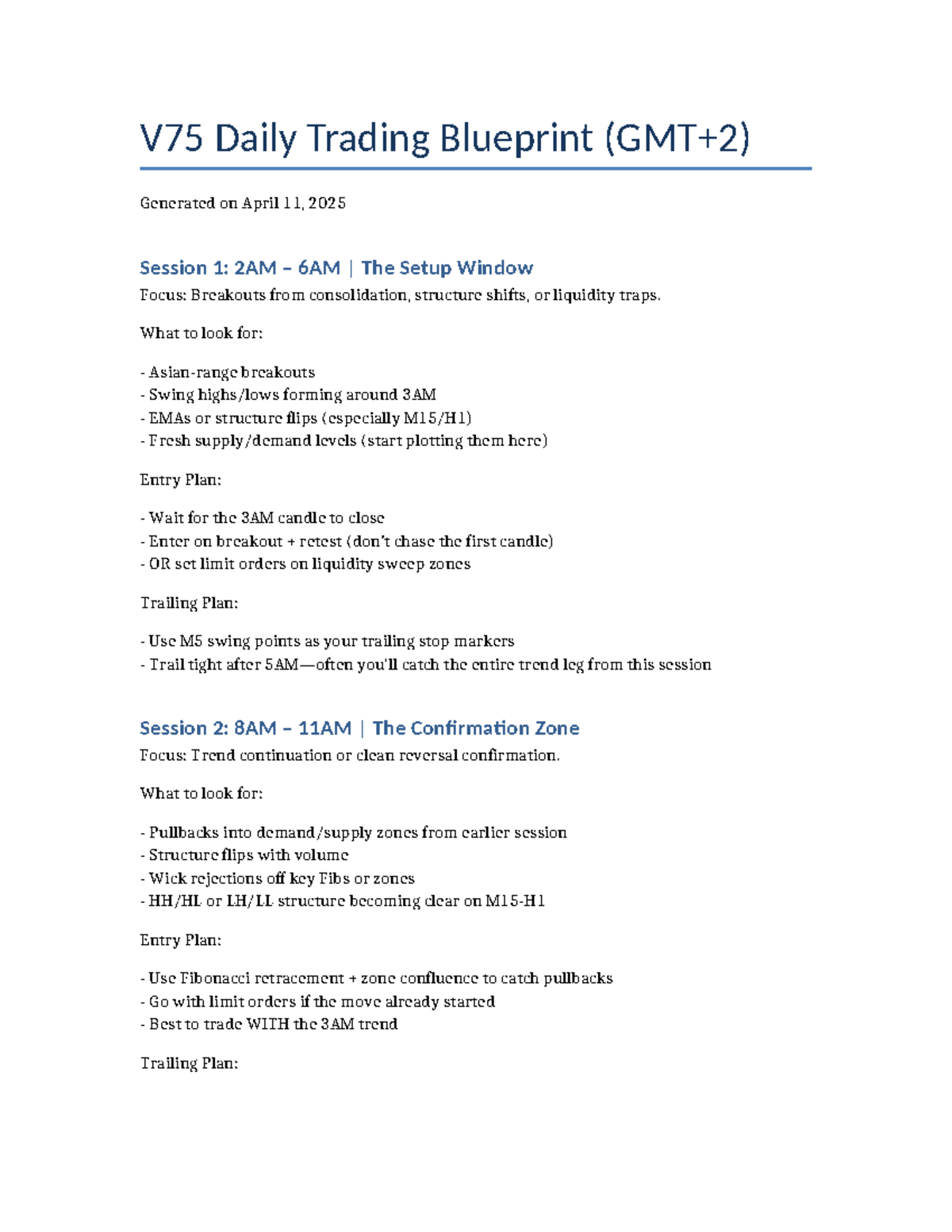 V75 Daily Trading Blueprint: Strategies for Each Trading Session - Studocu