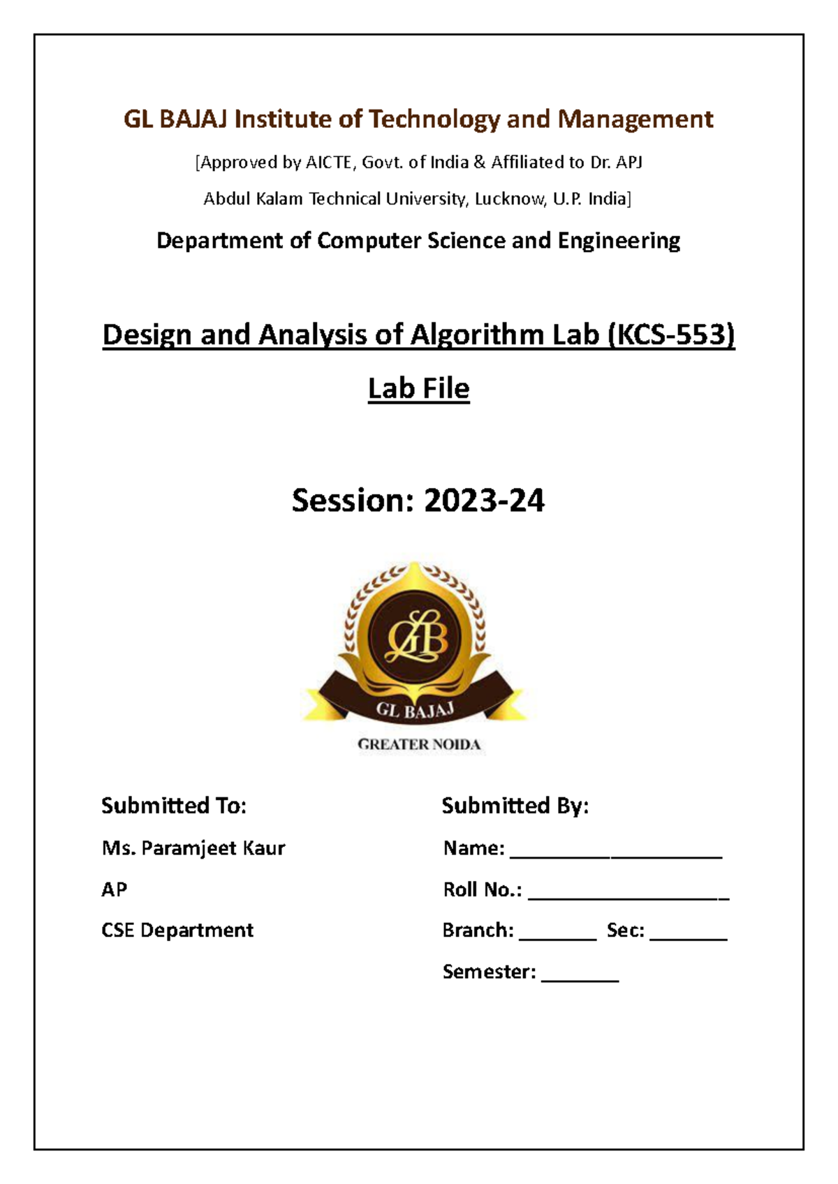 DAA Lab File – KCS-553: Algorithms & Sorting Techniques - Studocu