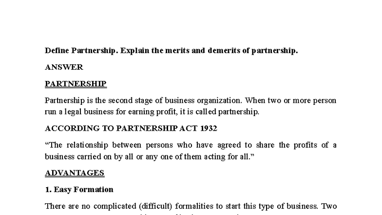 Define Partnership: Merits & Demerits - Lecture 8 - Studocu