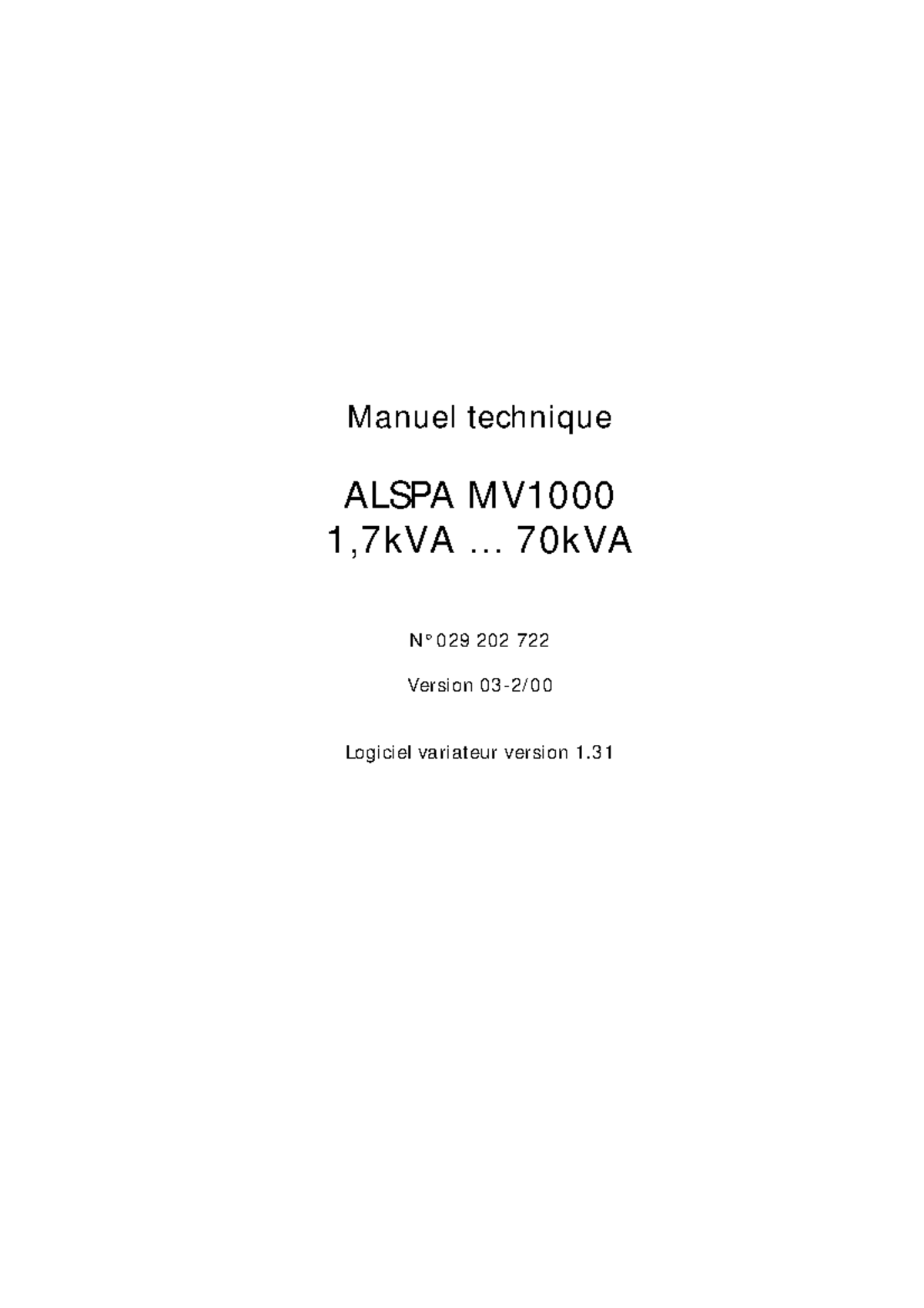 Manuel de Fonctionnement ALSPA MV1000 Version 1.31 Documentation ...