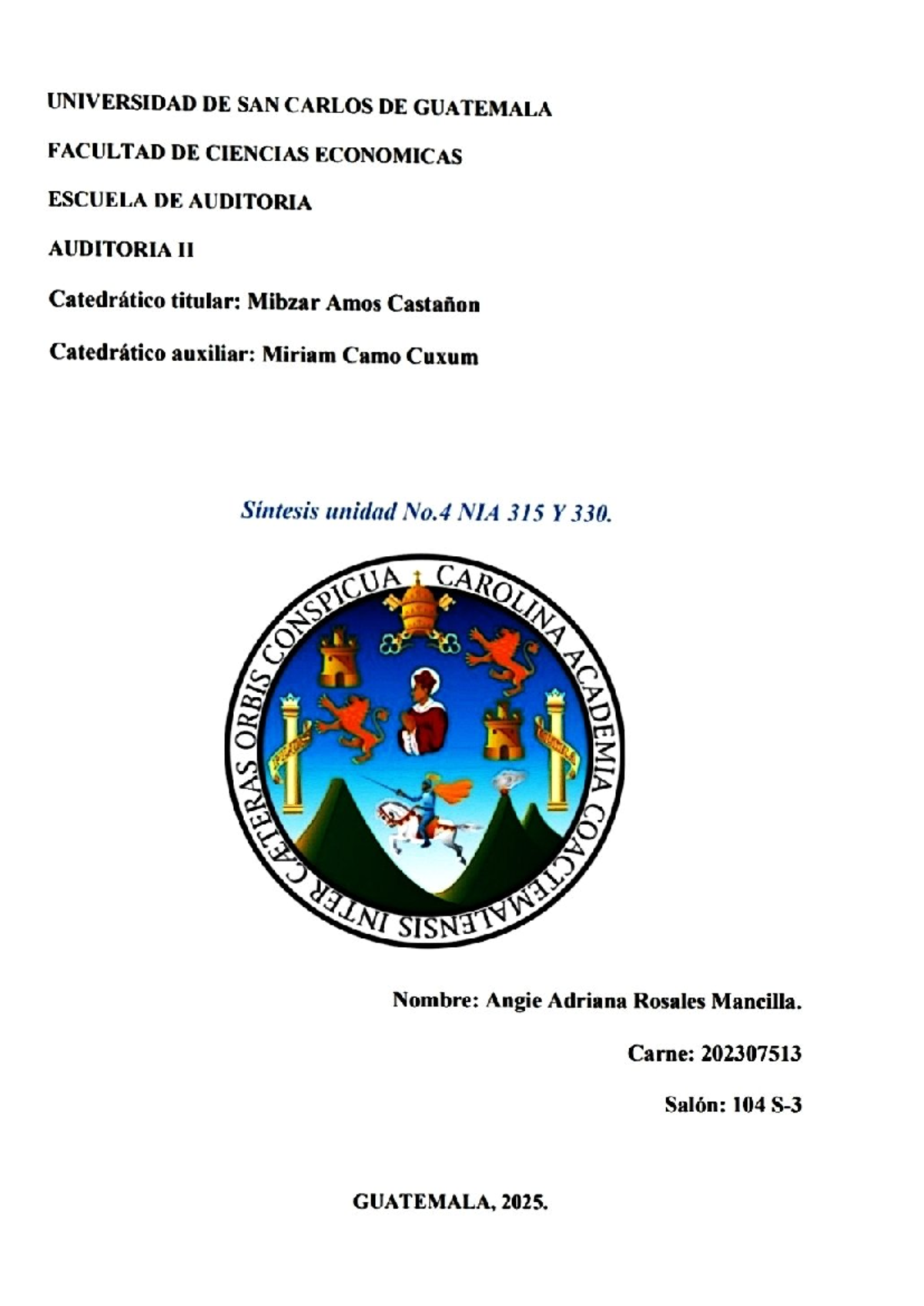 Síntesis NIA 315 y 330 - Auditoría II - Angie Rosales - 202307513 - Studocu