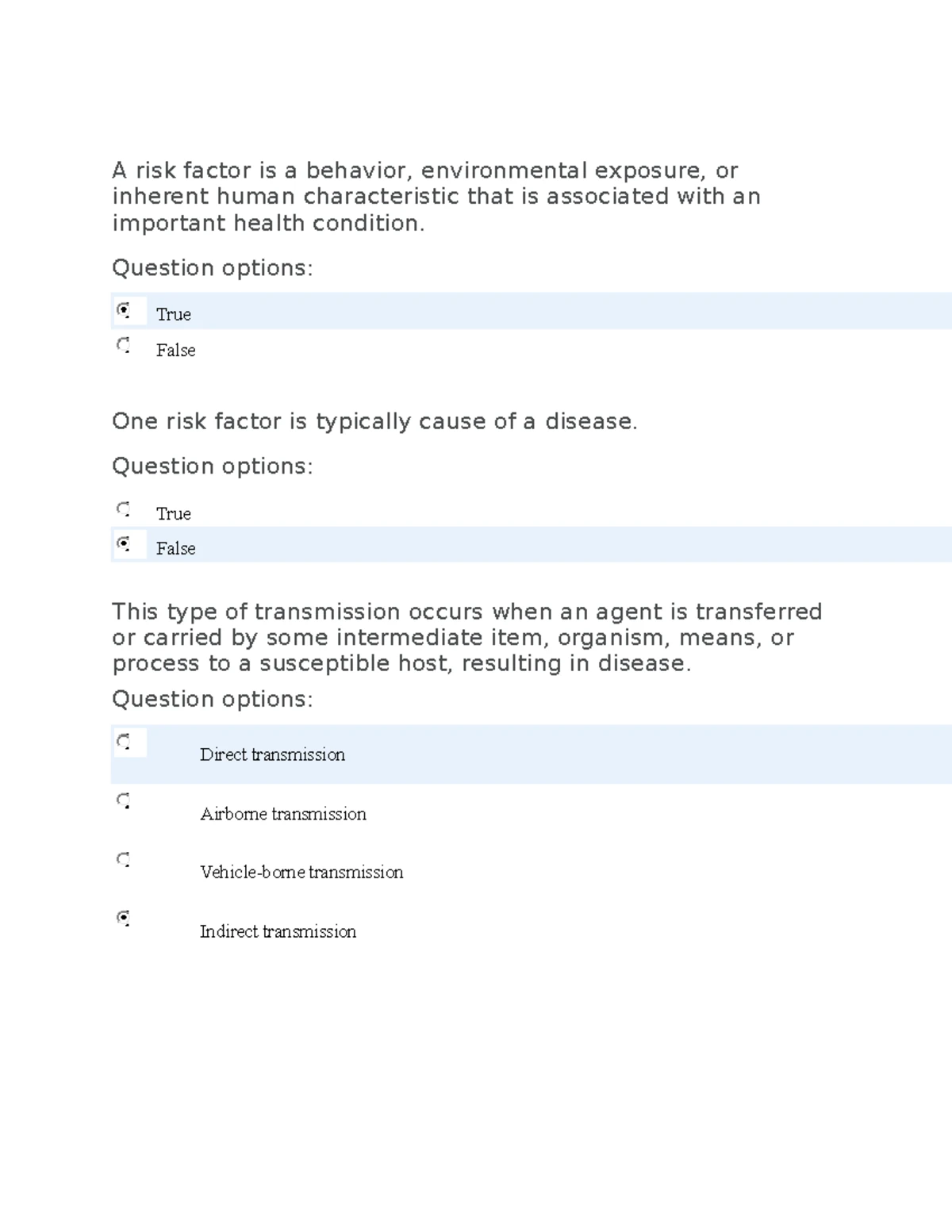 Quiz Module 2 Epidemiology - A risk factor is a behavior, environmental ...