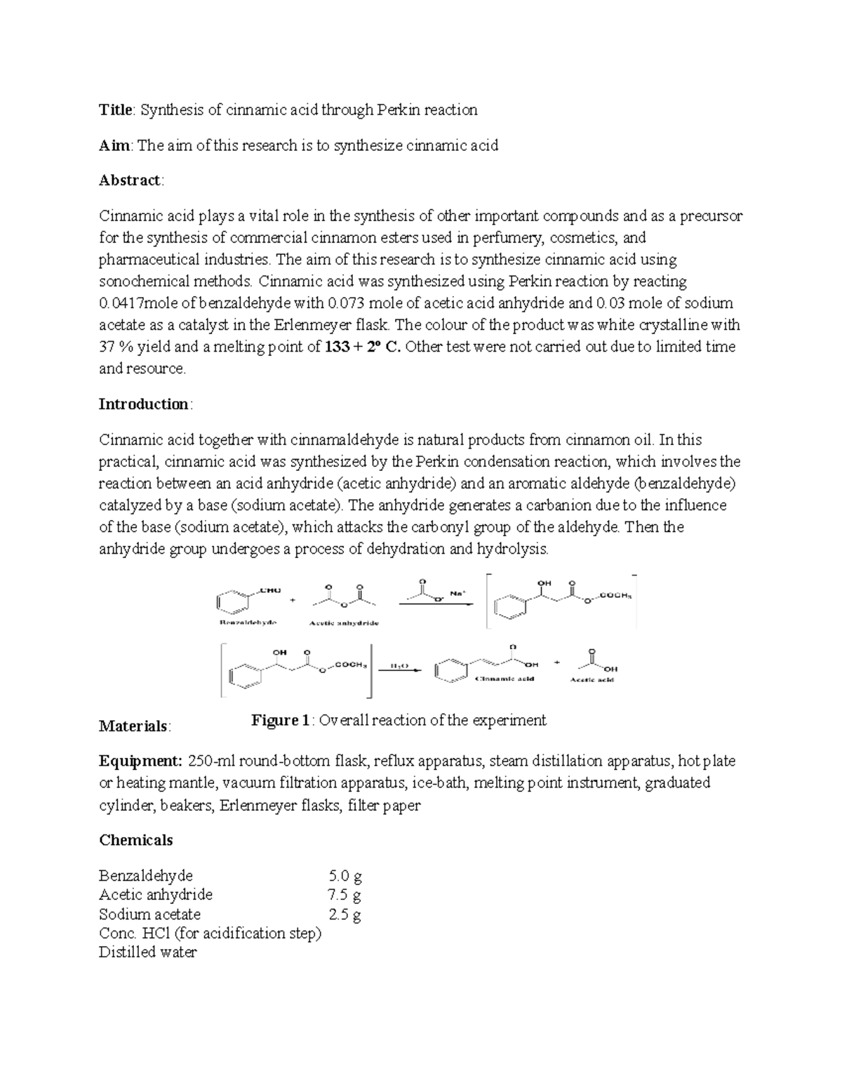 Synthesis of Cinnamic Acid via Perkin Reaction: A Study (CHM 101) - Studocu