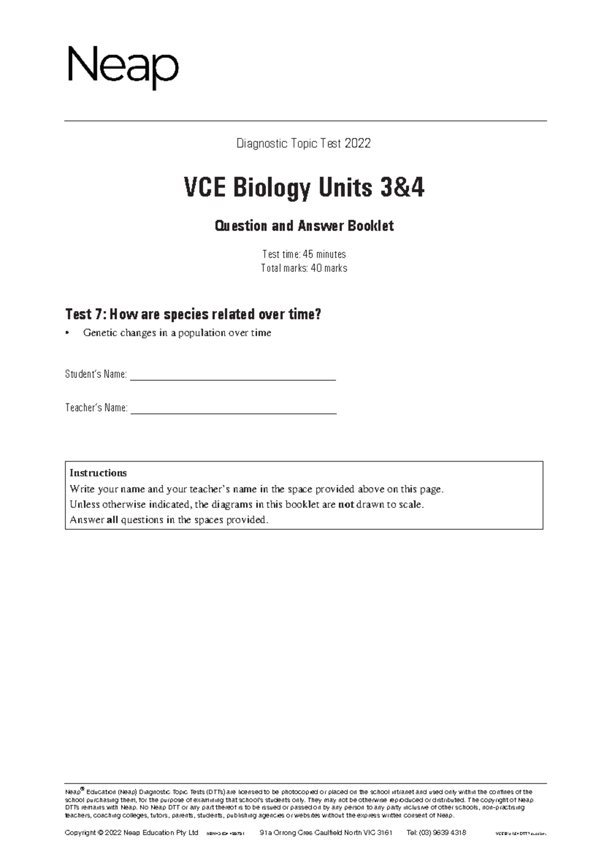 Test 7: VCE Biology Units 3 & 4 DTT 2022 - Species Evolution Analysis ...