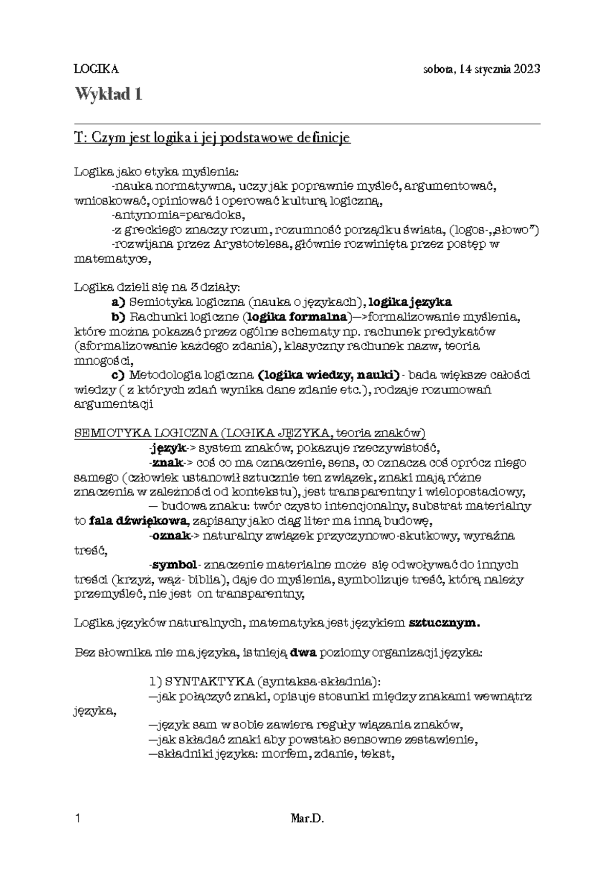 Logika: Notatki z Wykładu 1 (Semestr 1) - Studocu