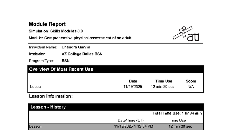 ATI Health Assess 3.0 - Module Report Simulation: Skills Modules 3 ...