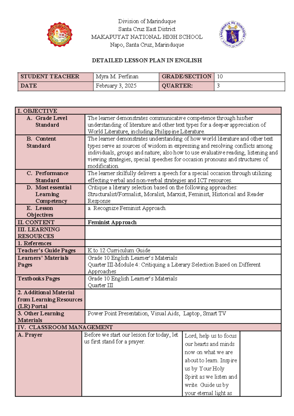Detailed Lesson Plan in English 10: Feminist Literary Criticism - Studocu