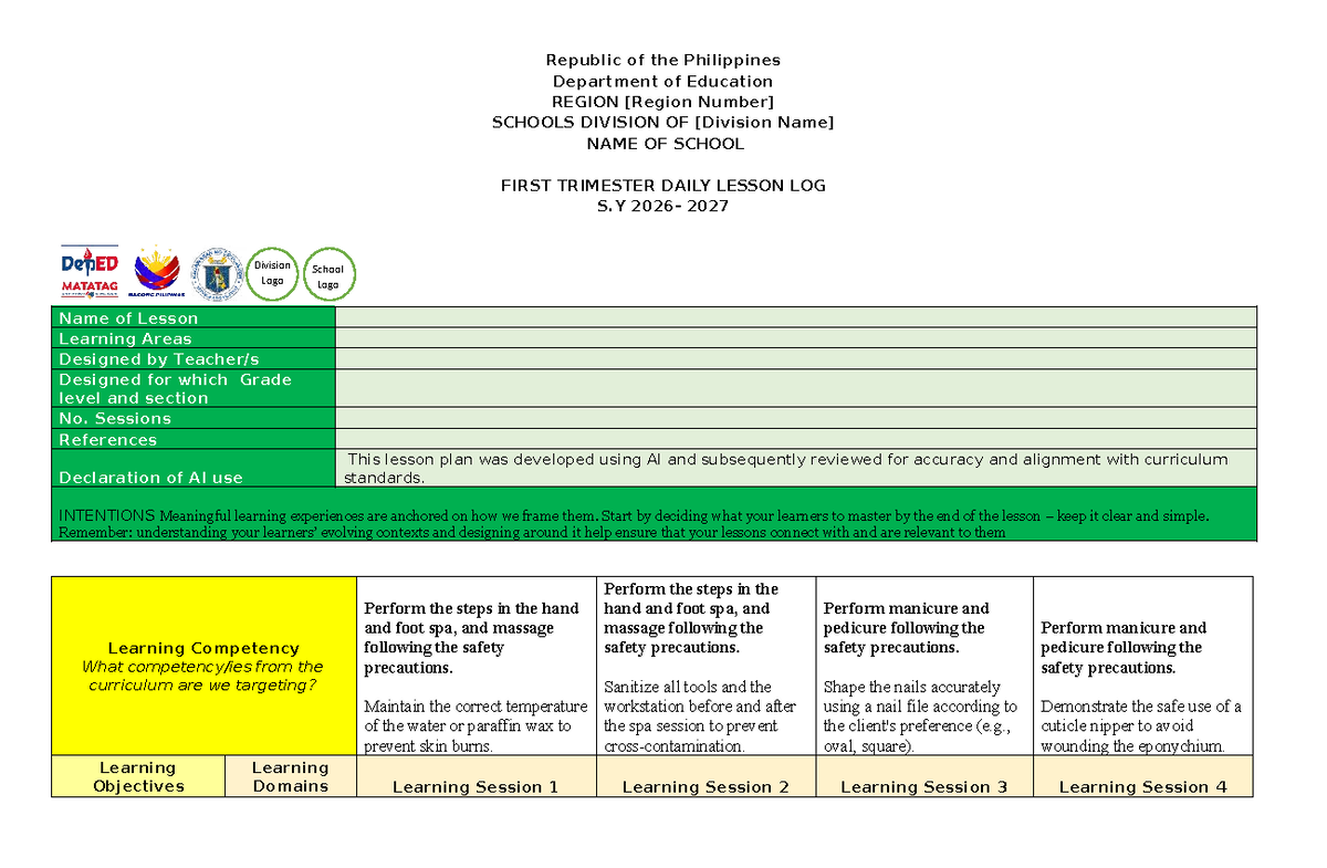 S.Y. 2027 Term 1 Lesson Plan: Week 5 Daily Log for Beauty Care - Studocu