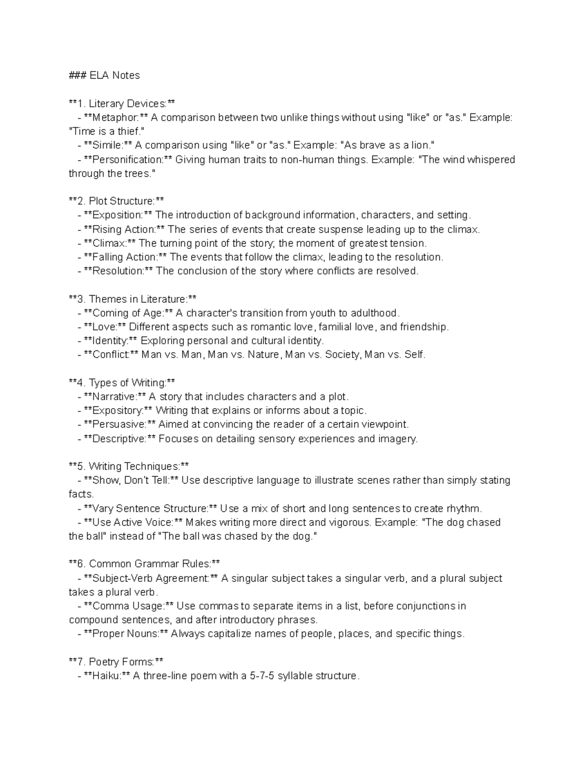More ela notes - ELA Notes 1. Literary Devices: - Metaphor: A ...