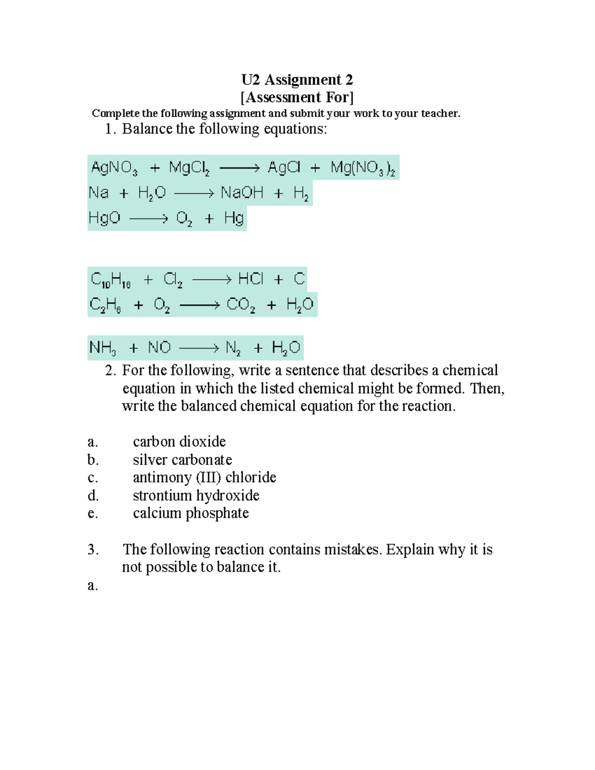 U2 Assignment 2 - Complete Solutions and Balanced Equations - Studocu