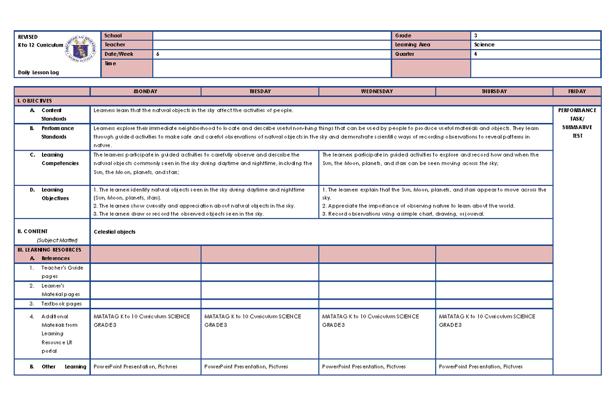 Science Grade 3 Q4 Week 6 Daily Lesson Log on Celestial Objects - Studocu